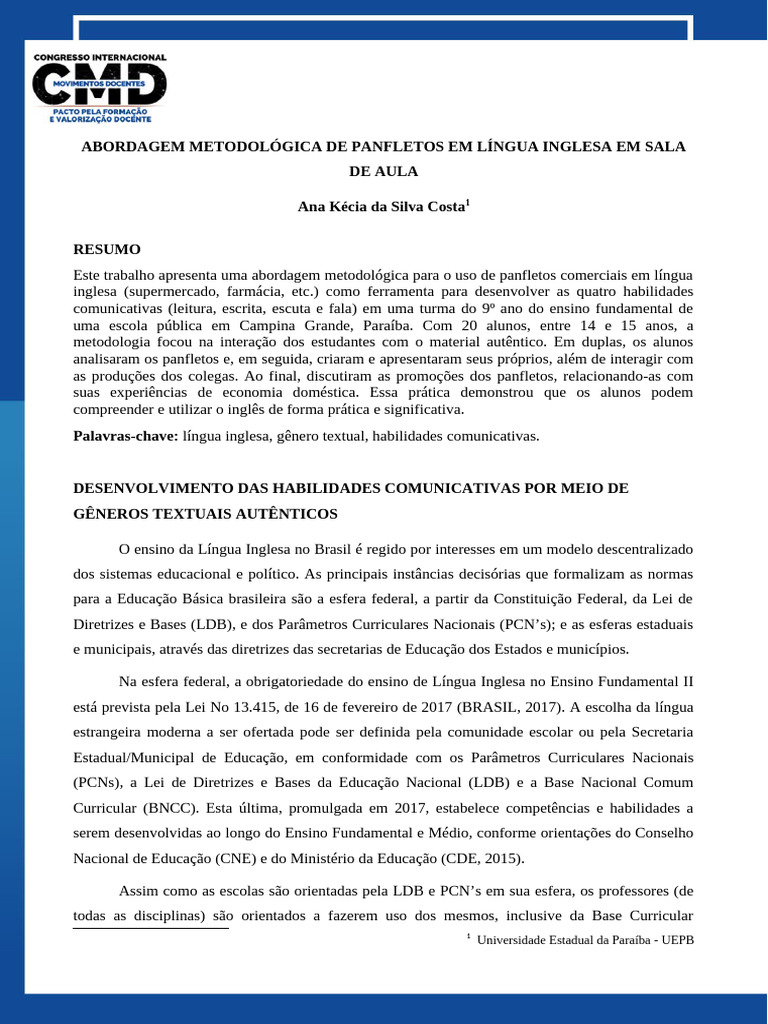 Abordagem metodológica de panfletos em Língua Inglesa em sala de aula | PDF | Aprendizado ...