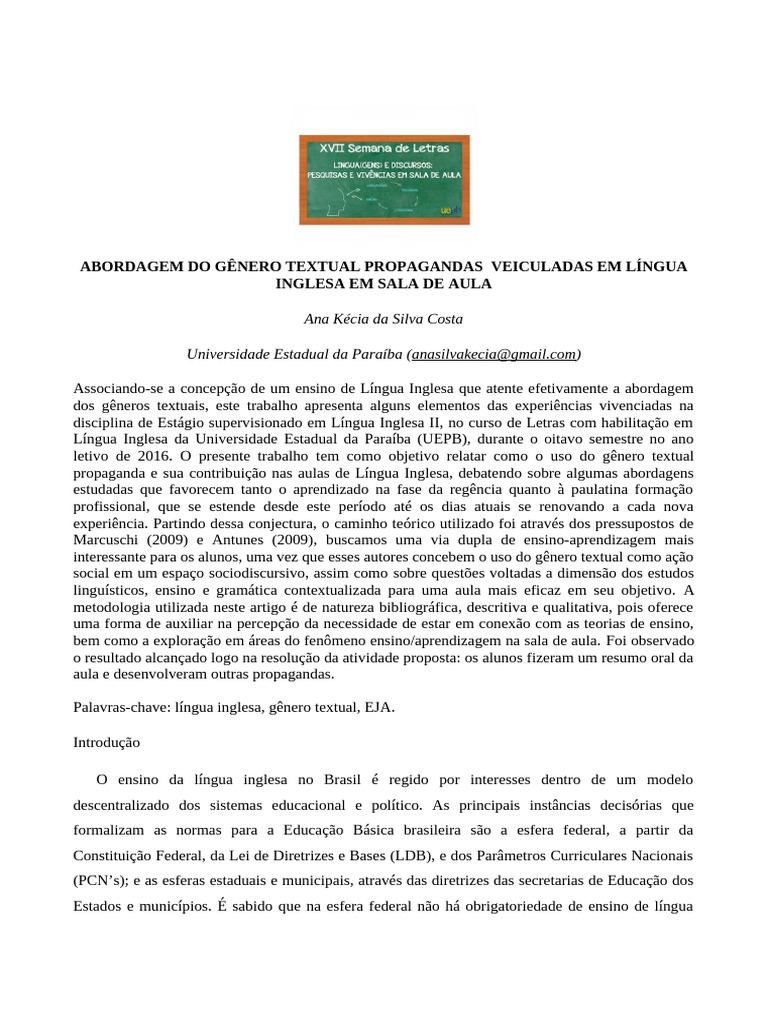 ABORDAGEM DO GÊNERO TEXTUAL PROPAGANDAS VEICULADAS EM LÍNGUA INGLESA EM SALA DE AULA | PDF ...