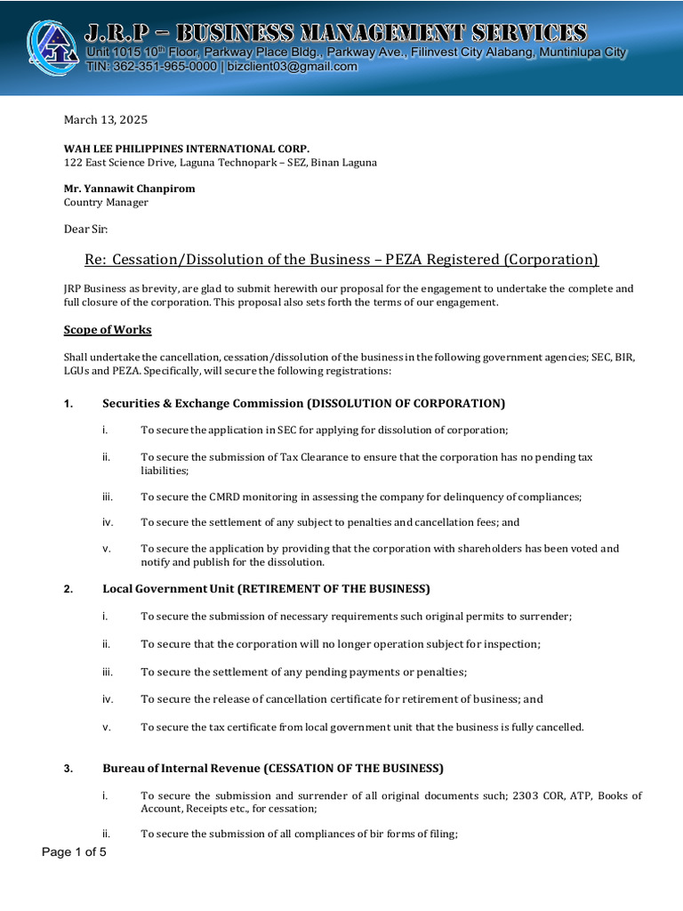 WAH LEE PHILIPPINES CORP_CLOSURE PROPOSAL_revised_ | PDF | Business