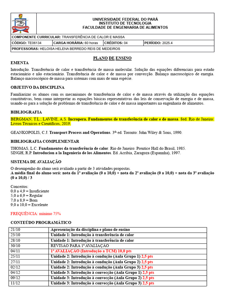Plano de Ensino TCM 2025_4 (1) | PDF | Calor | Fenômenos físicos