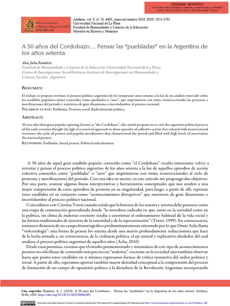 Ramirez 2019 a 50 Años Del Cordobazo - Pensar Las “Puebladas” en La ...