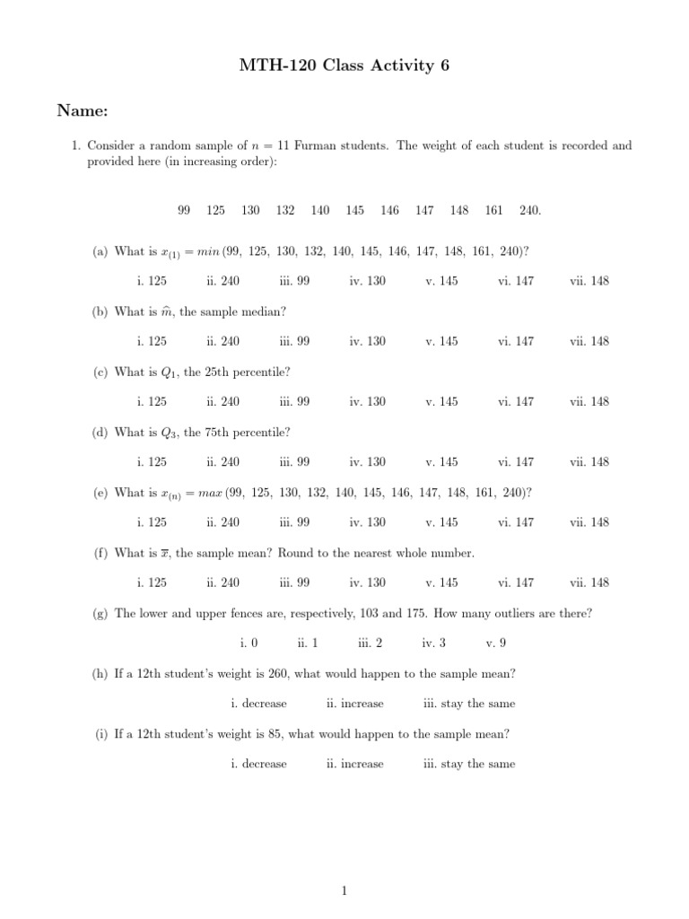 MTH-120 Class Activity 6 | PDF | Statistical Inference | Robust Statistics