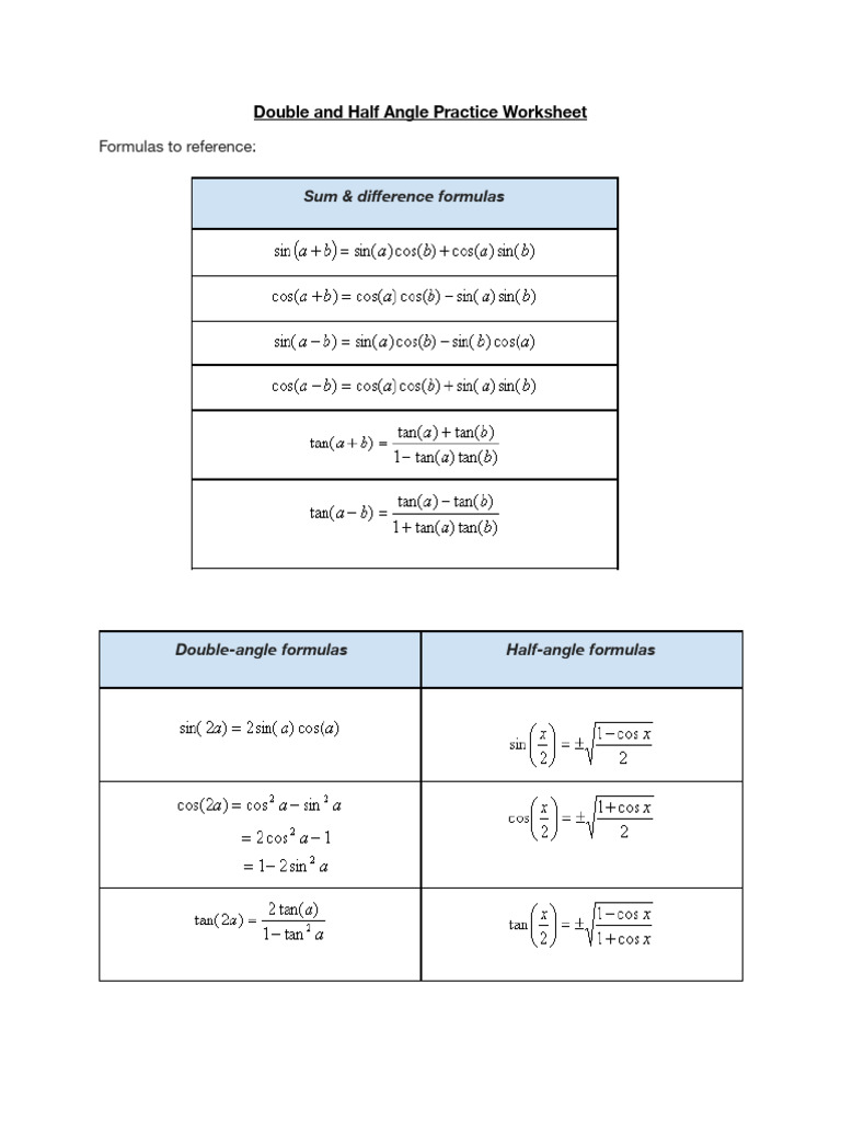 Double Half Angle Practice Worksheet | PDF