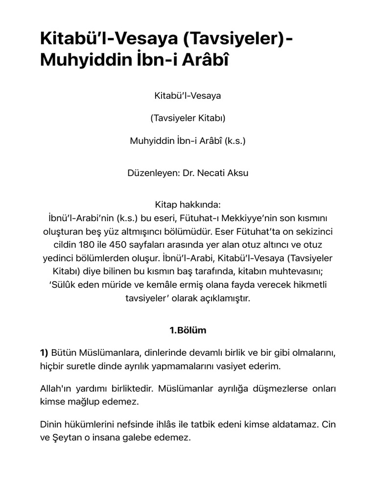 Kitabü’l-Vesaya (Tavsiyeler)- Muhyiddin İbn-i Arâbî | PDF