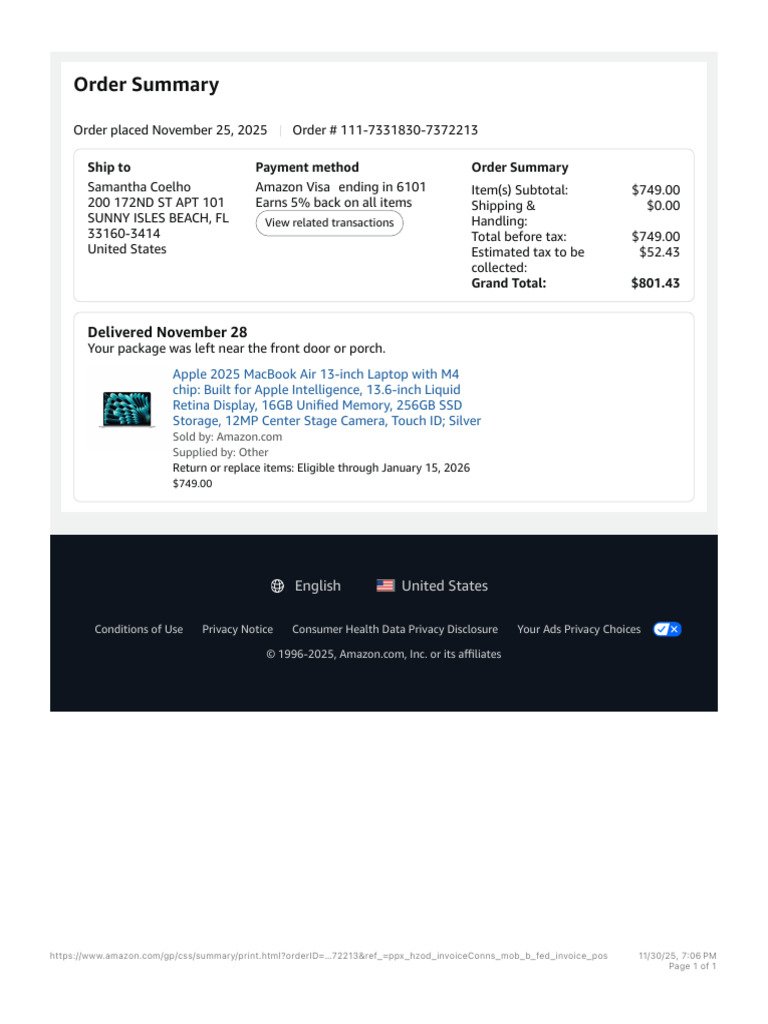 Amazon Order Summary for MacBook Air | PDF