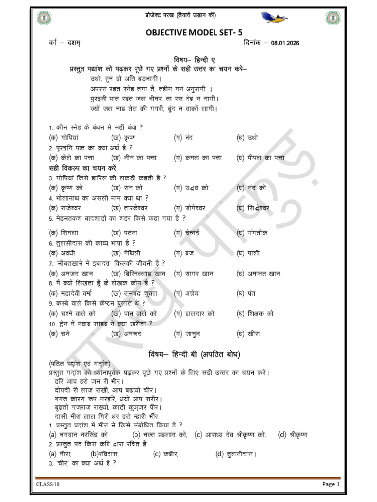 Class 10 Objective Model Set 5 | PDF