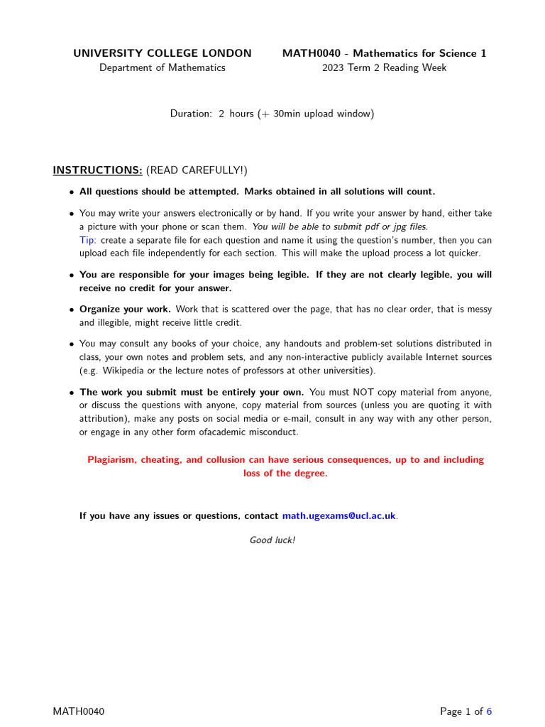 UCL MATH0040 Term 2 Exam Instructions | PDF | Ordinary Differential ...