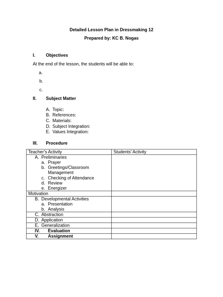 Dressmaking Lesson Plan for Grade 12 | PDF