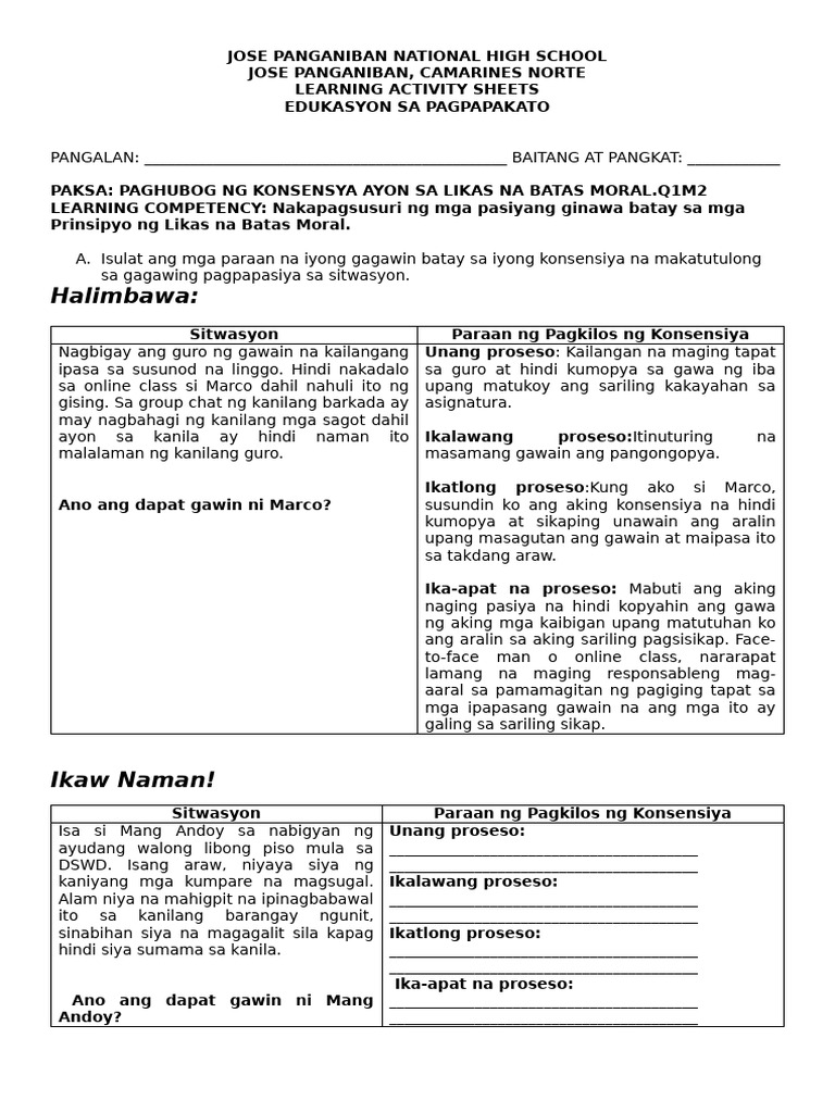 Learning Activity Sheets Q1-Paghubog NG Konsensya Ayon Sa Likas Na ...
