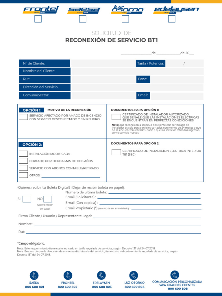 Reconexión de Servicio BT1 | PDF