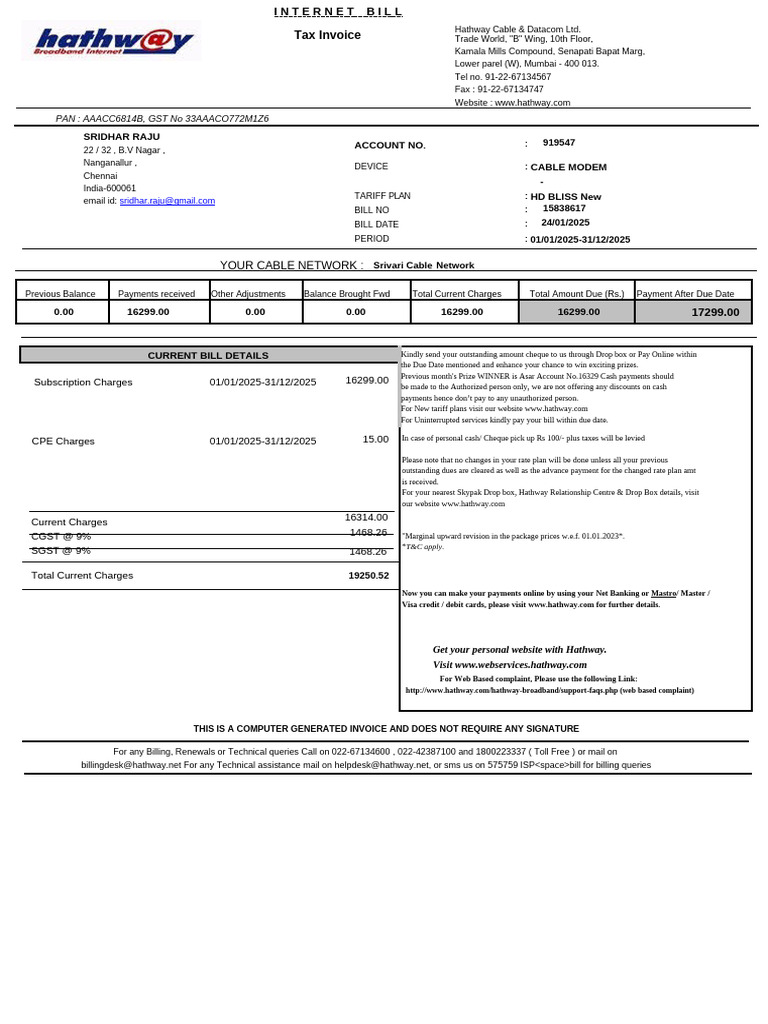 Internet Bill Sridhar 2025 | PDF | Payments | Cheque