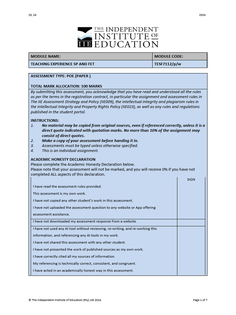 TESF7112POE 2024 | PDF | Mentorship | Plagiarism