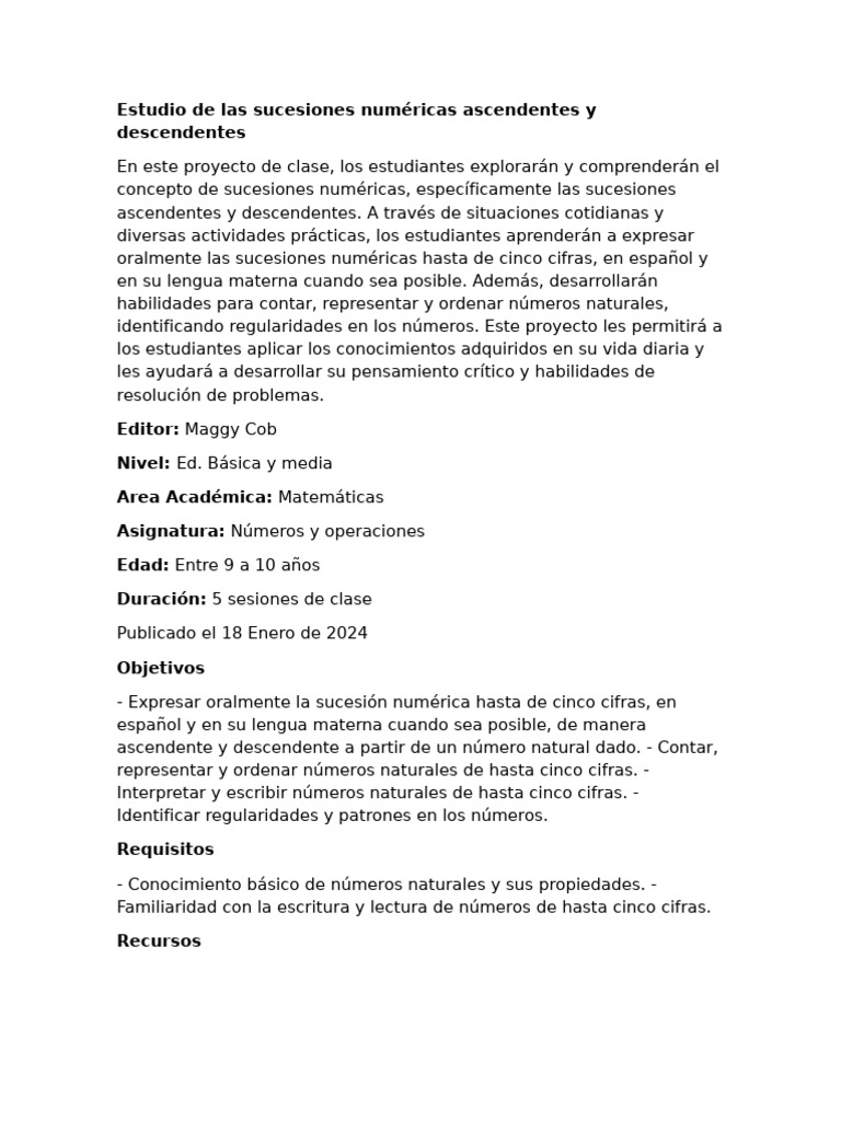Sucesiones Numéricas: Proyecto Educativo | PDF | Secuencia | Maestros