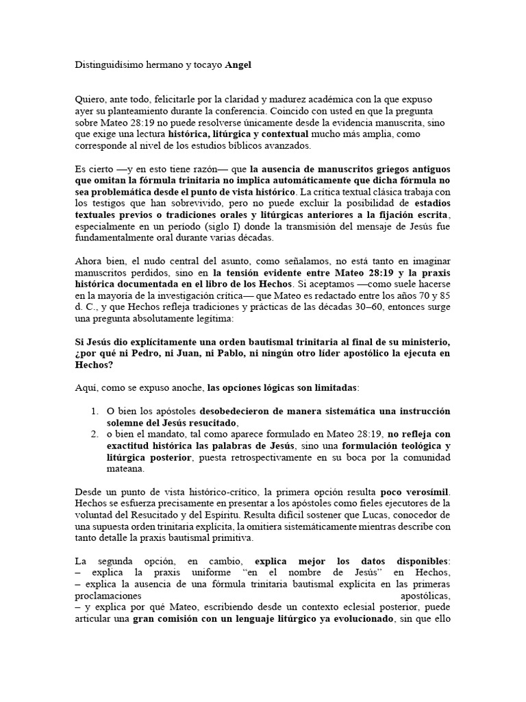 Carta a Angel Sobre La Formula Mateana de Trinidad | PDF | Jesús ...