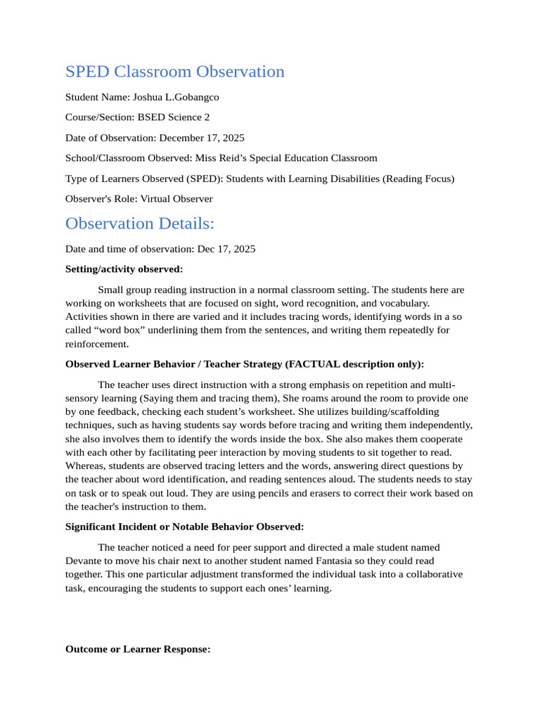 SPED Classroom Observation Report | PDF | Learning | Special Education
