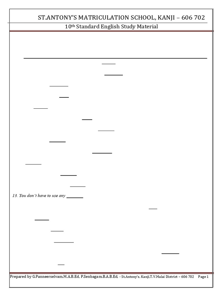 10th Standard English Study Guide | PDF