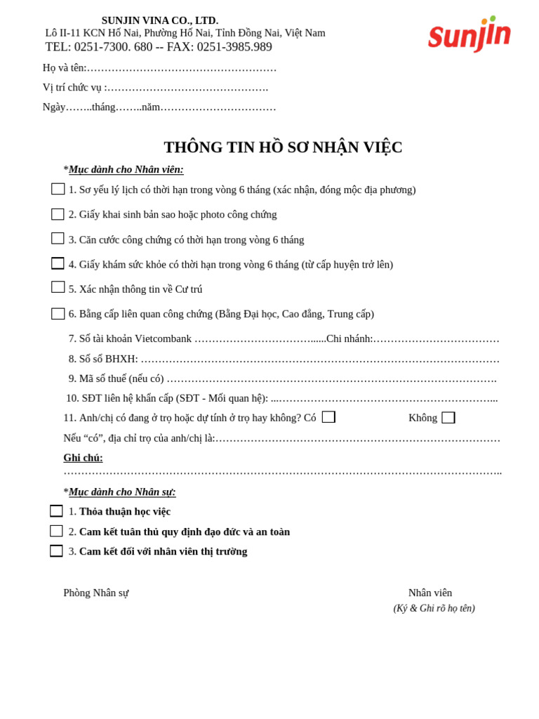 1. Sunjin_Check list Hồ sơ 2026 (V2) | PDF