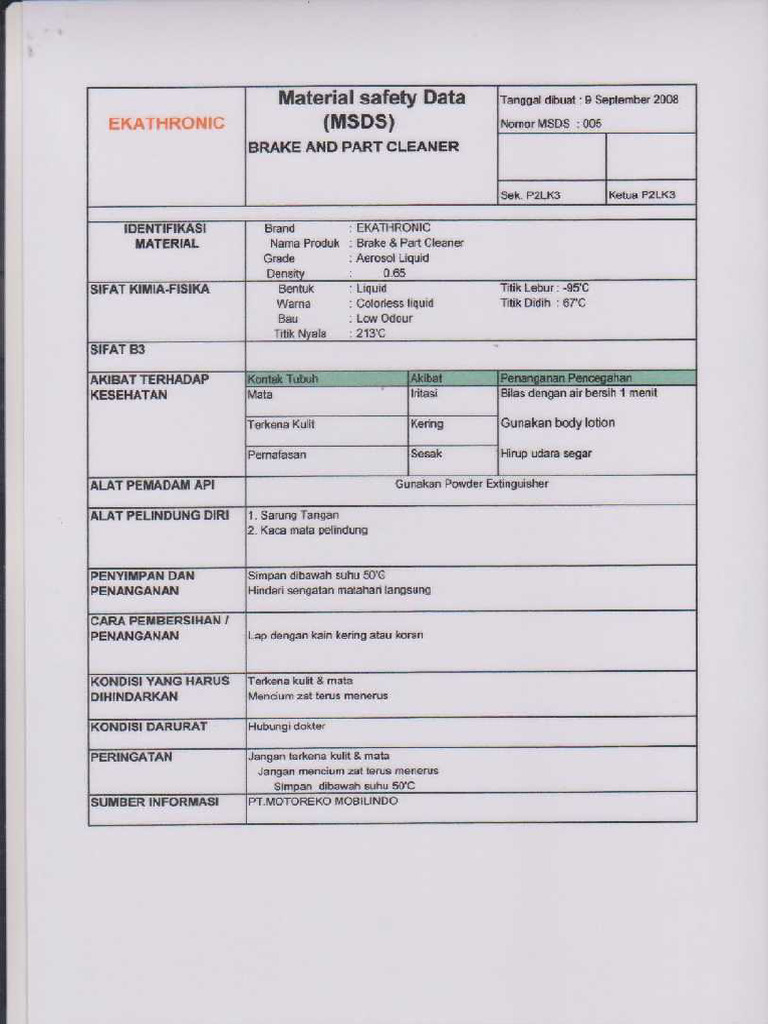 Msds Brake Part Cleaner | PDF