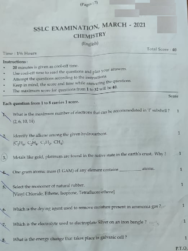 Kerala SSLC Exam 2021 CHEMISTRY Question Paper (Eng Med) | PDF