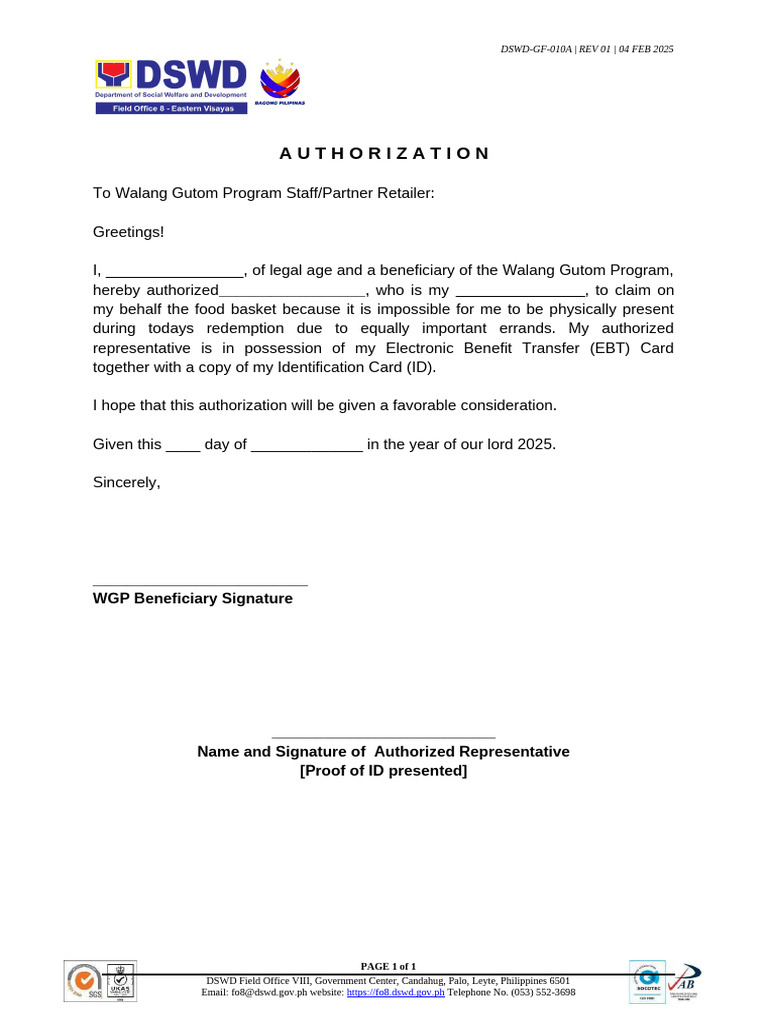 Walang Gutom Program Authorization Form | PDF