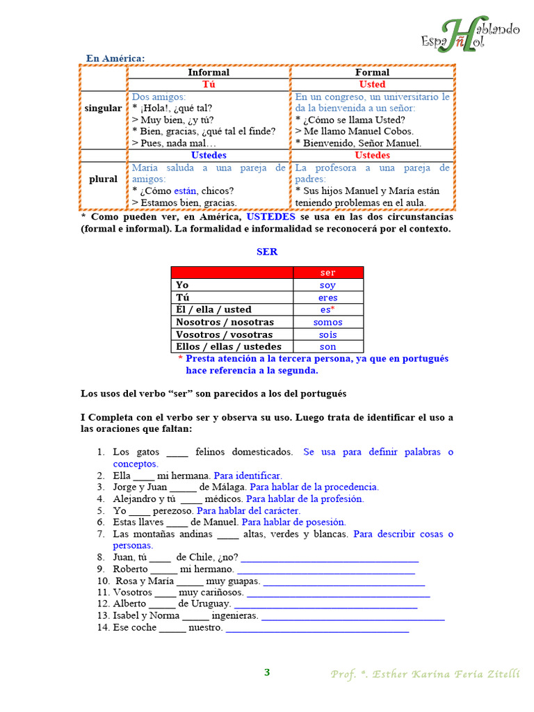 Pronombres Personales Verbos Ser y Llamarse (1) | PDF | Verbo ...