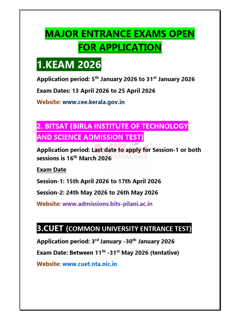 Major Entrance Exams 2026: Dates & Details | PDF
