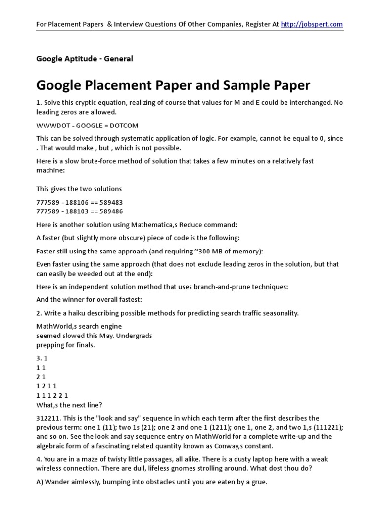 Google Placement Paper and Sample Paper | PDF