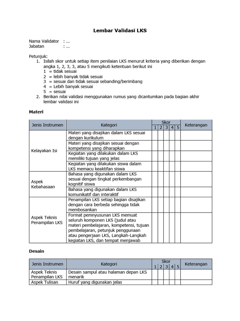 Lembar Validasi LKS untuk Penilaian | PDF