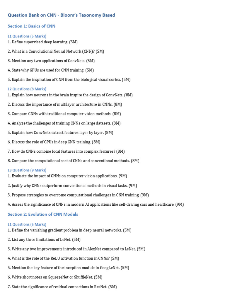 CNN Question Bank: Bloom's Taxonomy | PDF | Deep Learning | Learning