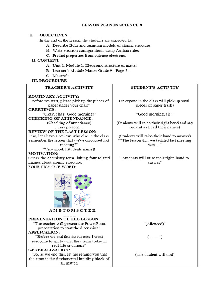 Lesson Plan in Science 9 | PDF | Atoms | Electron