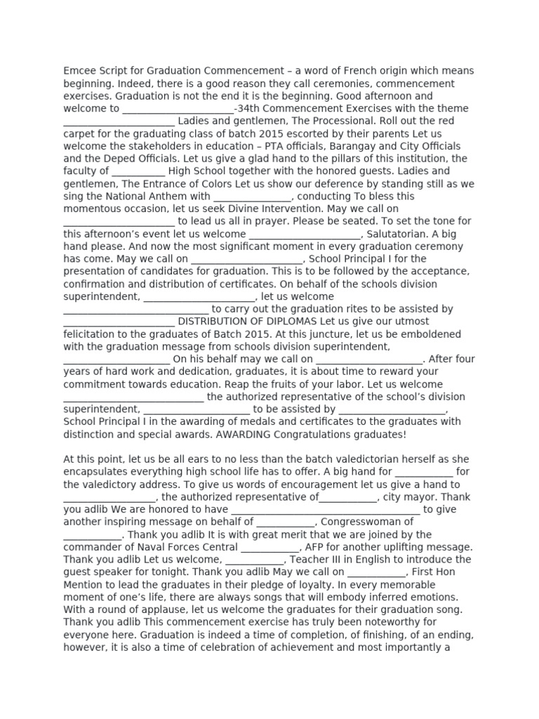 Emcee Script For Graduation Commencement | PDF