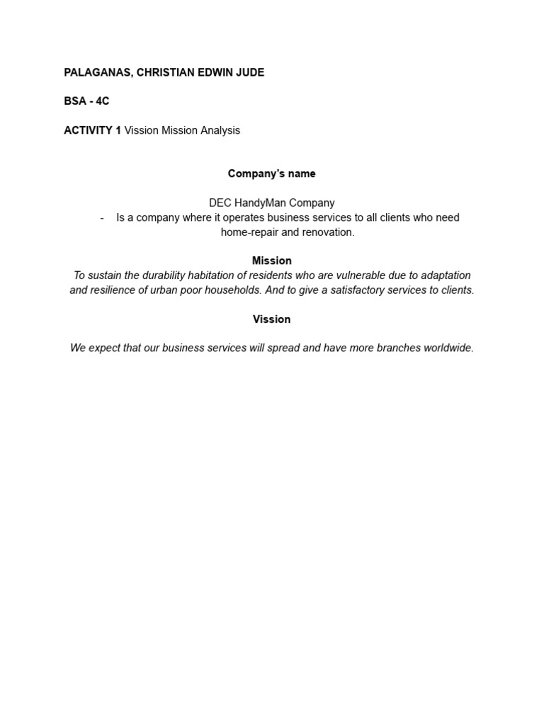 Vision and Mission of DEC HandyMan Company | PDF