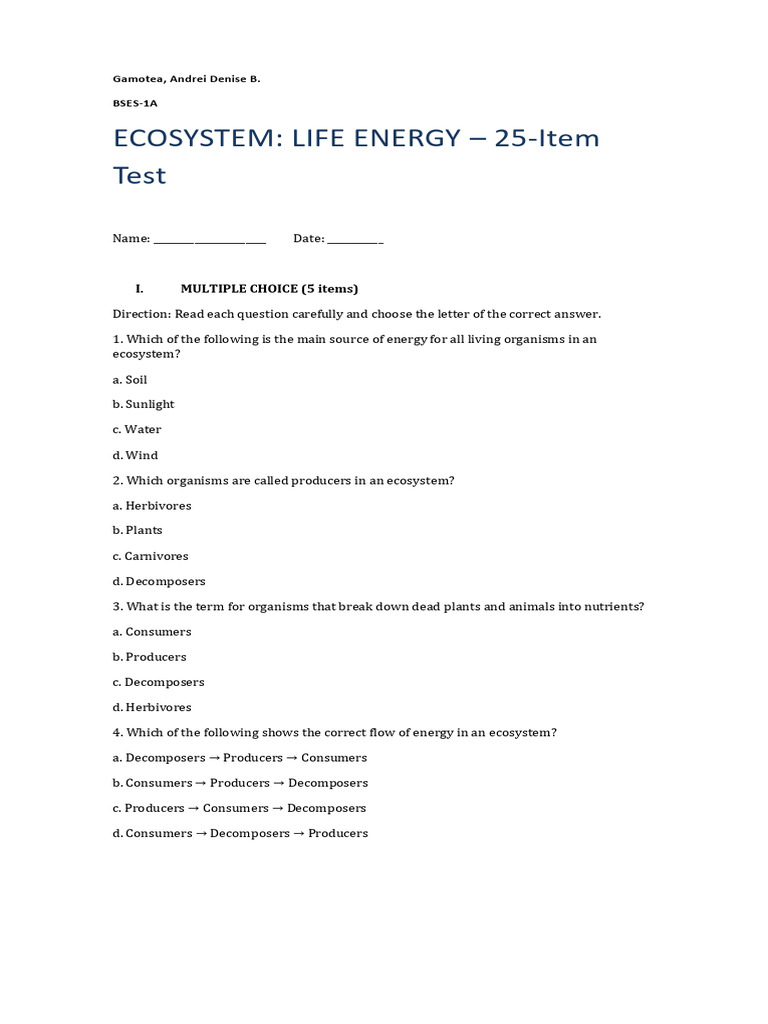 Ecosystem Life Energy Test Questions | PDF
