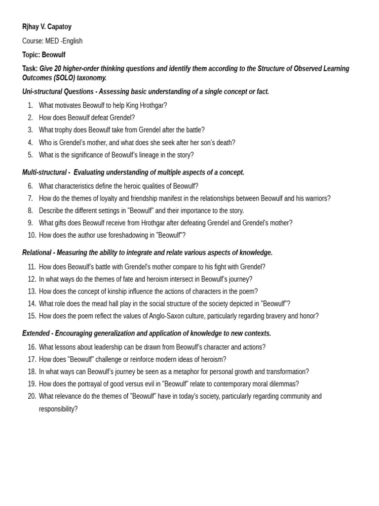 Beowulf Higher-Order Thinking Questions | PDF
