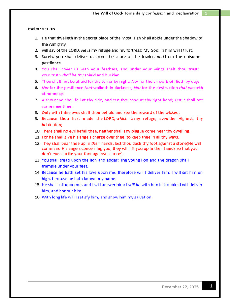Daily Confession of Psalm 91 Promises | PDF