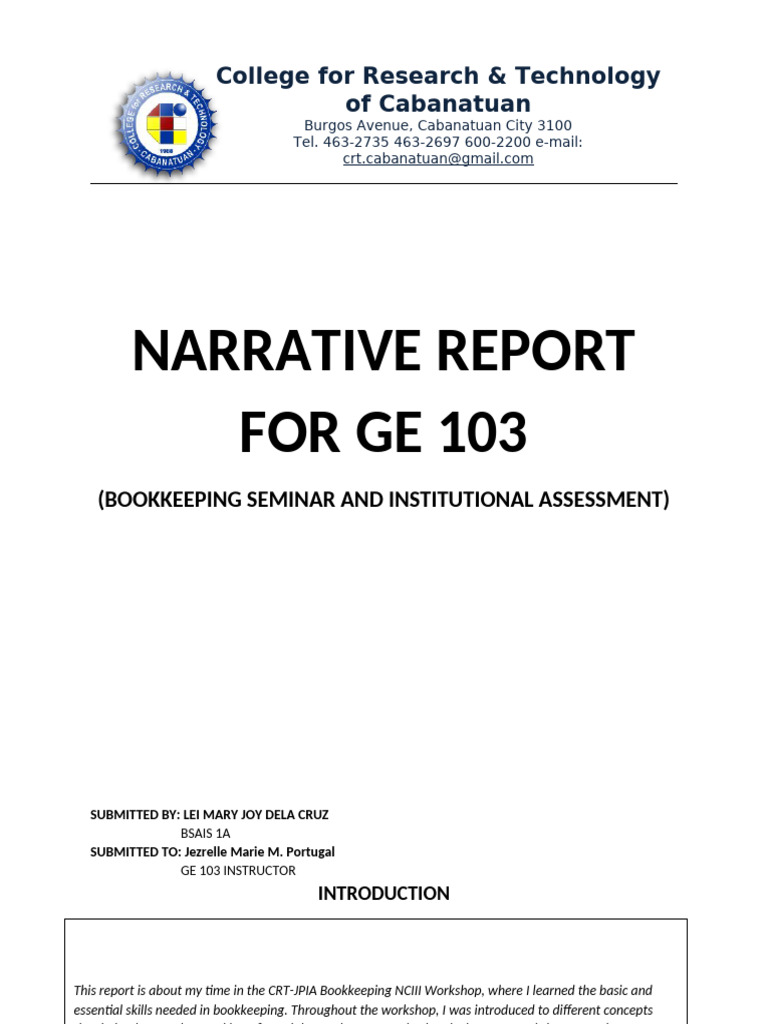 Narrative Report for Ge 103-1-2 | PDF | Bookkeeping | Cognition