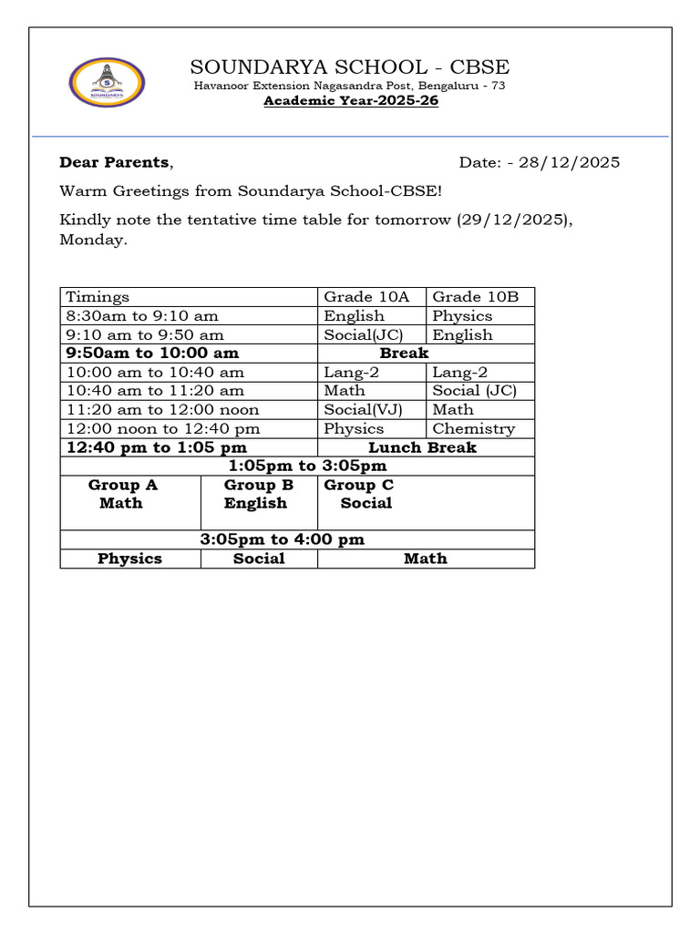 Soundarya School Grade 10 Timetable | PDF