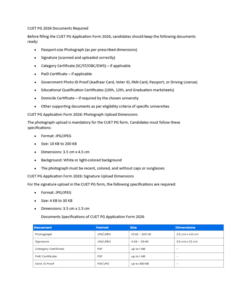 CUET PG 2026 Required Documents Guide | PDF