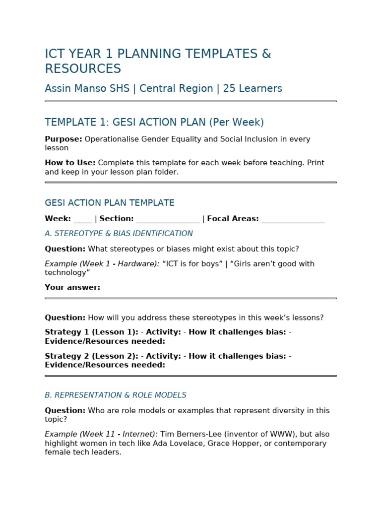 ICT Year1 Planning Templates GESI SEL Rubrics Differentiation | PDF ...