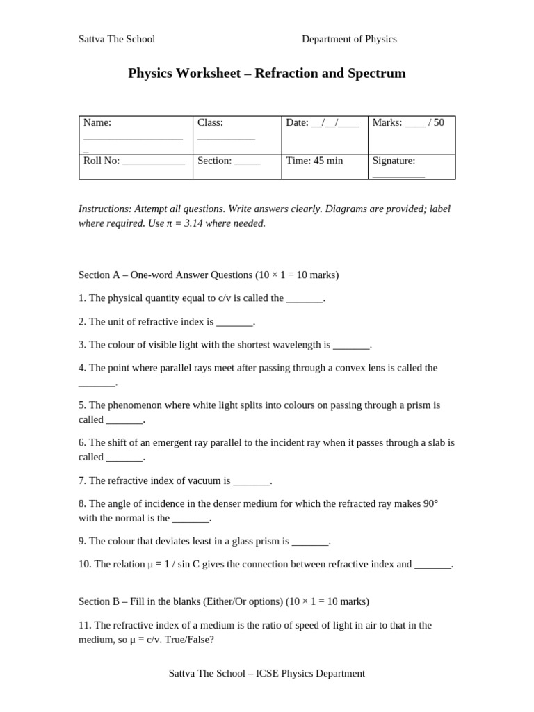 Physics Worksheet: Refraction & Spectrum | PDF | Refractive Index ...