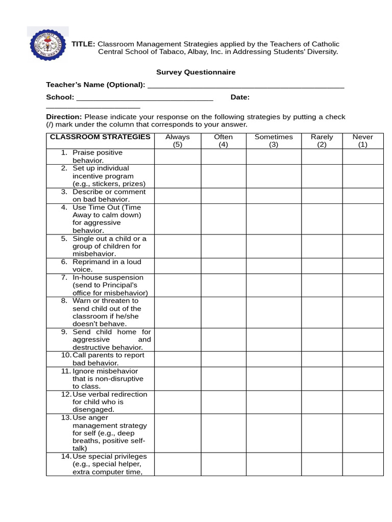 Survey Questionnaire 083326 | PDF | Classroom Management ...