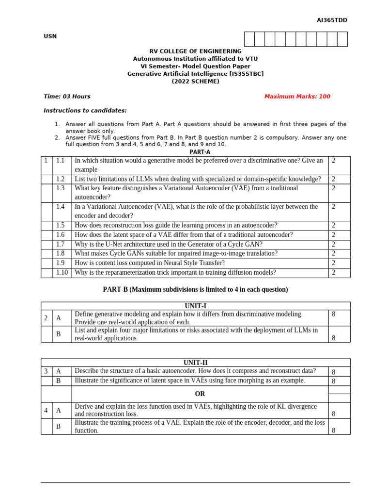 Generative AI Model Question Paper | PDF | Algorithms | Machine Learning