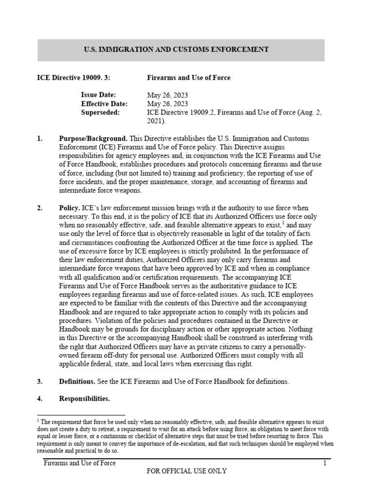 ICE Firearms and Use of Force Policy | PDF | Deadly Force | Use Of Force
