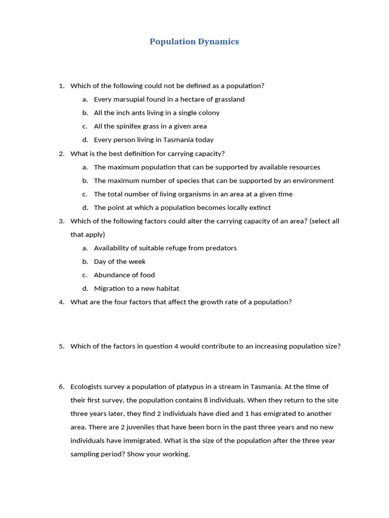 Population Dynamics Quiz | PDF | Biology | Natural Environment