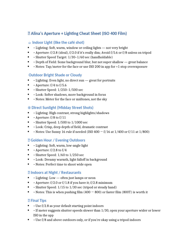 Alina Lighting Aperture CheatSheet | PDF