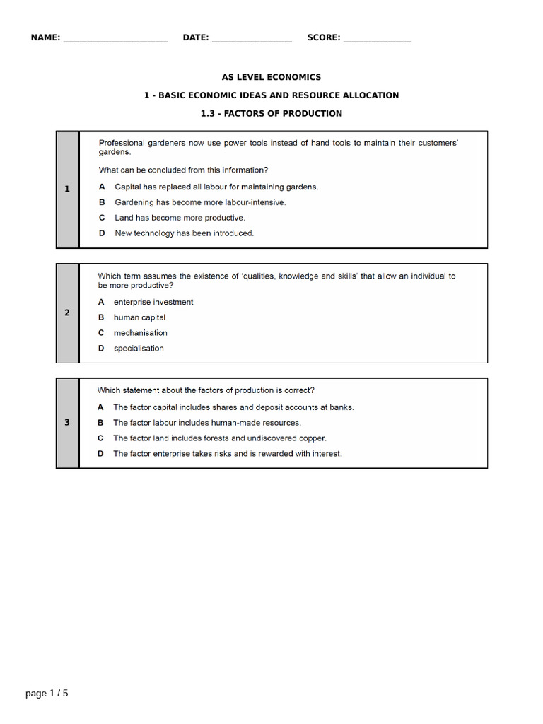 As Level Economics - 1.3 - Factors of Production | PDF