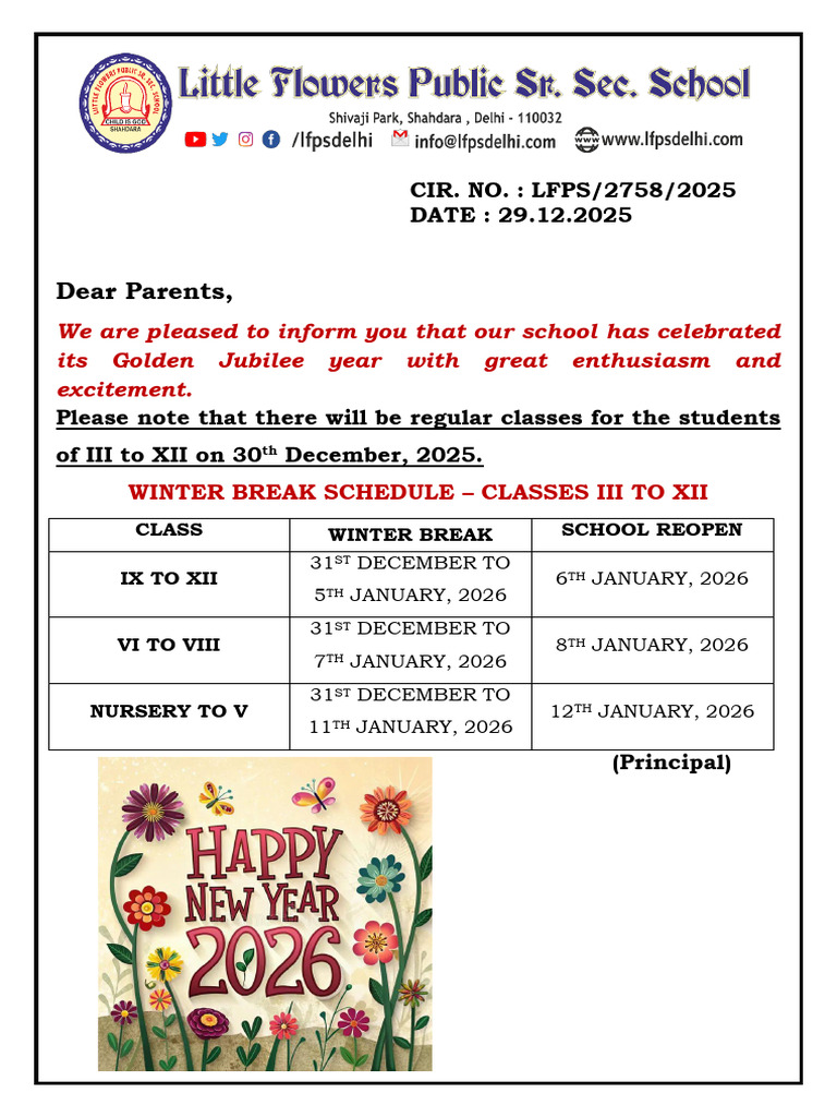 Notice For Winter Break Schedule Classes - Nursery To Xii (2025-26) | PDF