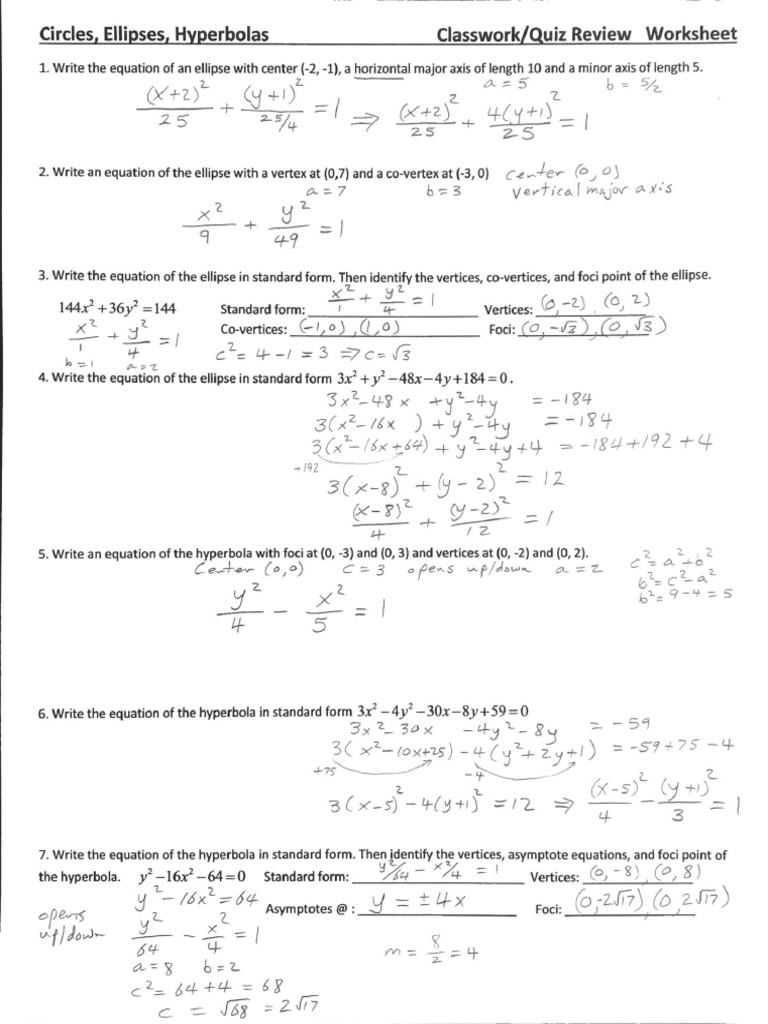 Circle Ellipse Hyperbolas Worksheet Answers | PDF