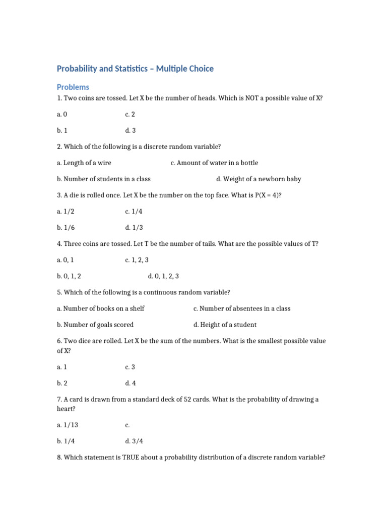Probability and Statistics MCQ Solutions | PDF | Probability ...