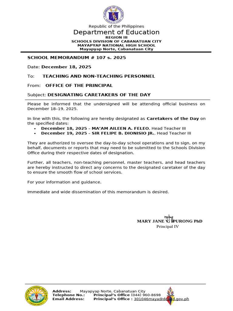 Caretakers of the Day Designation Memo | PDF